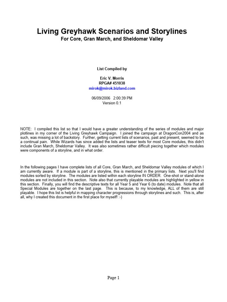 Living Greyhawk - Scenarios and Storylines | PDF