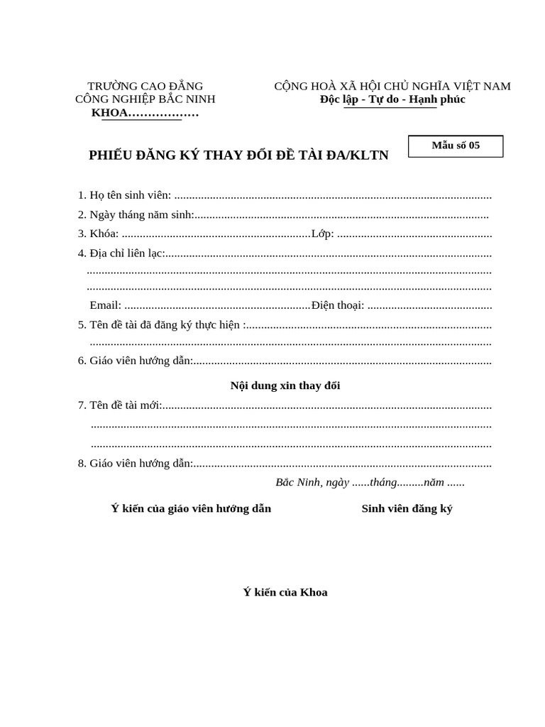 Mau So 05 Dang Ky Thay Doi de Tai Neu Co | PDF