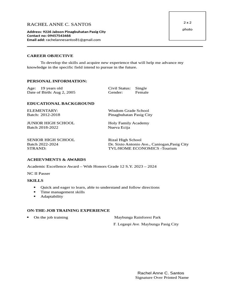 Resume Template Immersion Che 1 2 | PDF