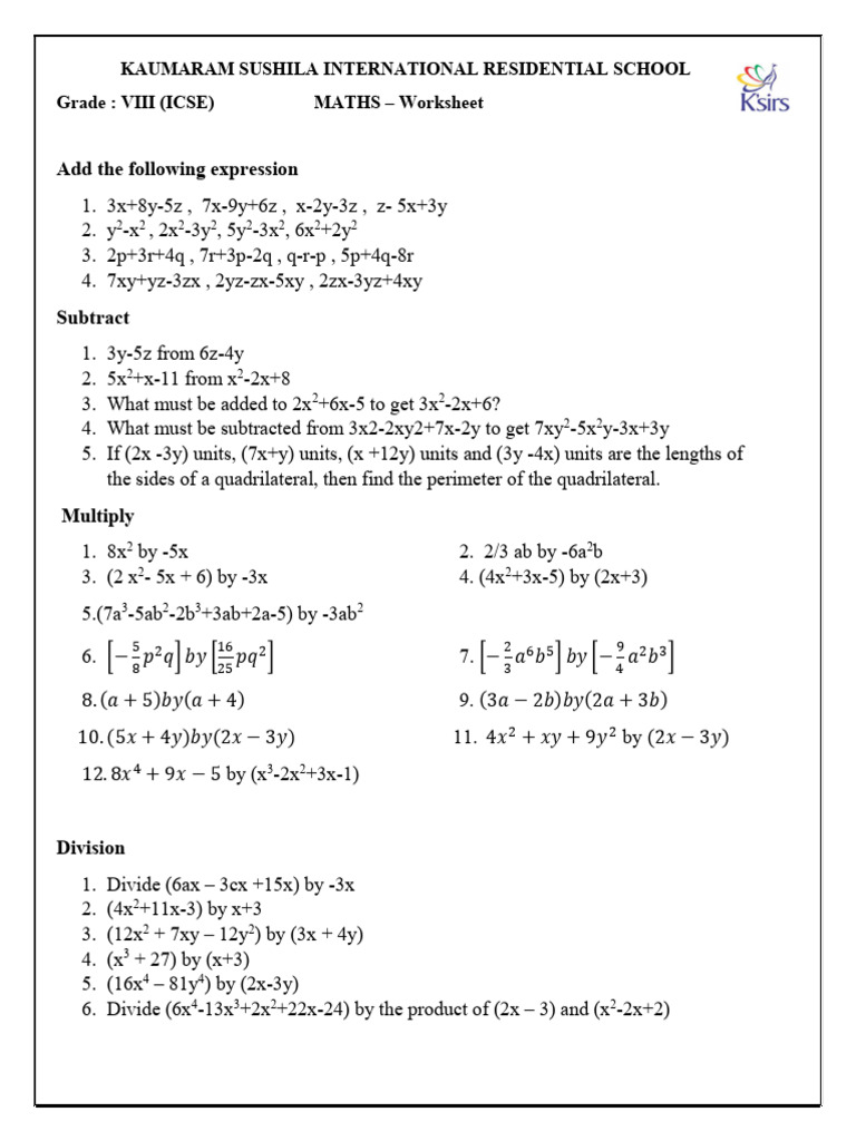 Grade VIII ICSE Maths Worksheet | PDF