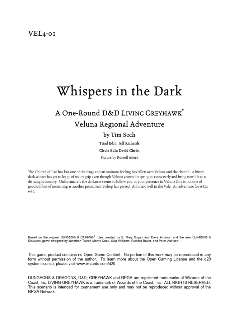 VEL4-01 Whispers in the Dark (3E) | PDF | Dungeons & Dragons | Gary Gygax Games