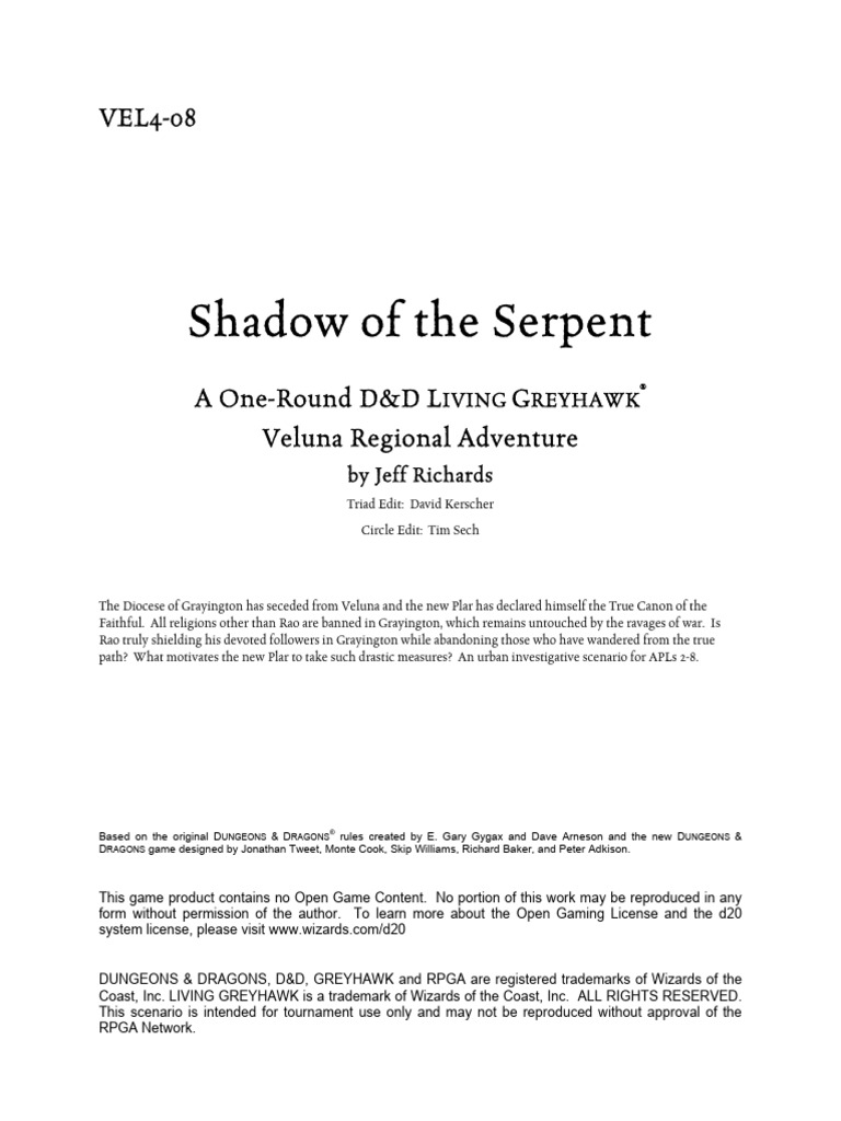VEL4-08 Shadow of the Serpent (3E) | PDF | Dungeons & Dragons | Fantasy ...