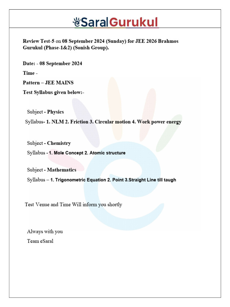 Sonish JM RT-5 Test Syllabus 08 september 2024 | PDF