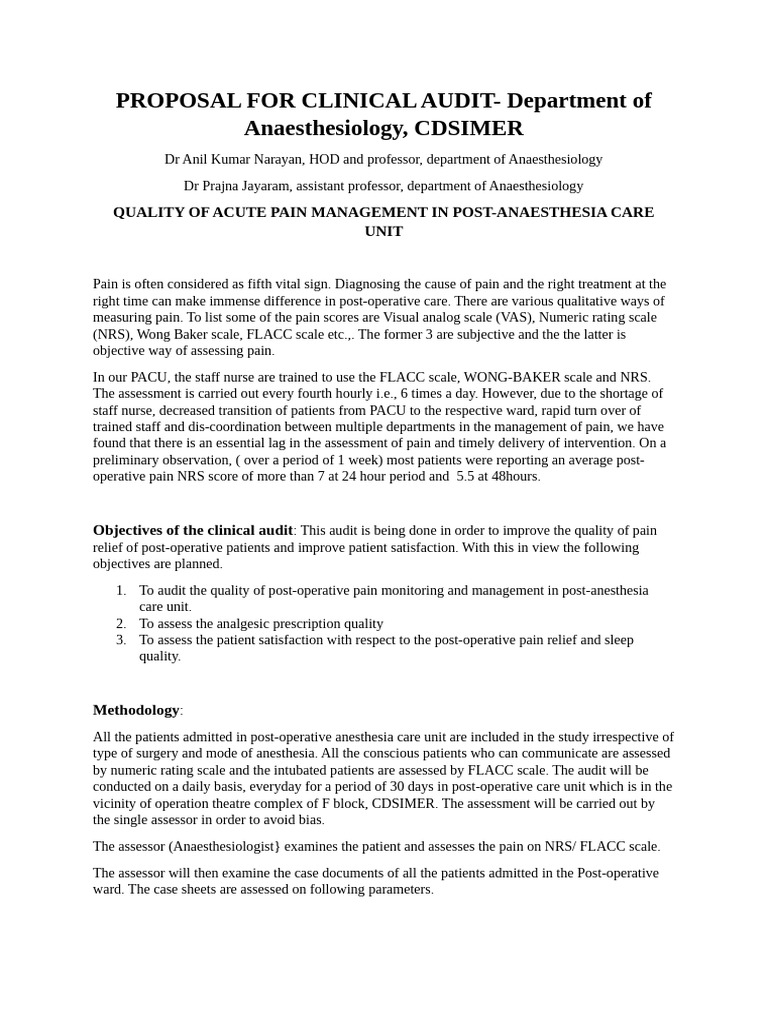 PACU PAIN Clinical Audit Proposal | PDF | Pain | Anesthesia