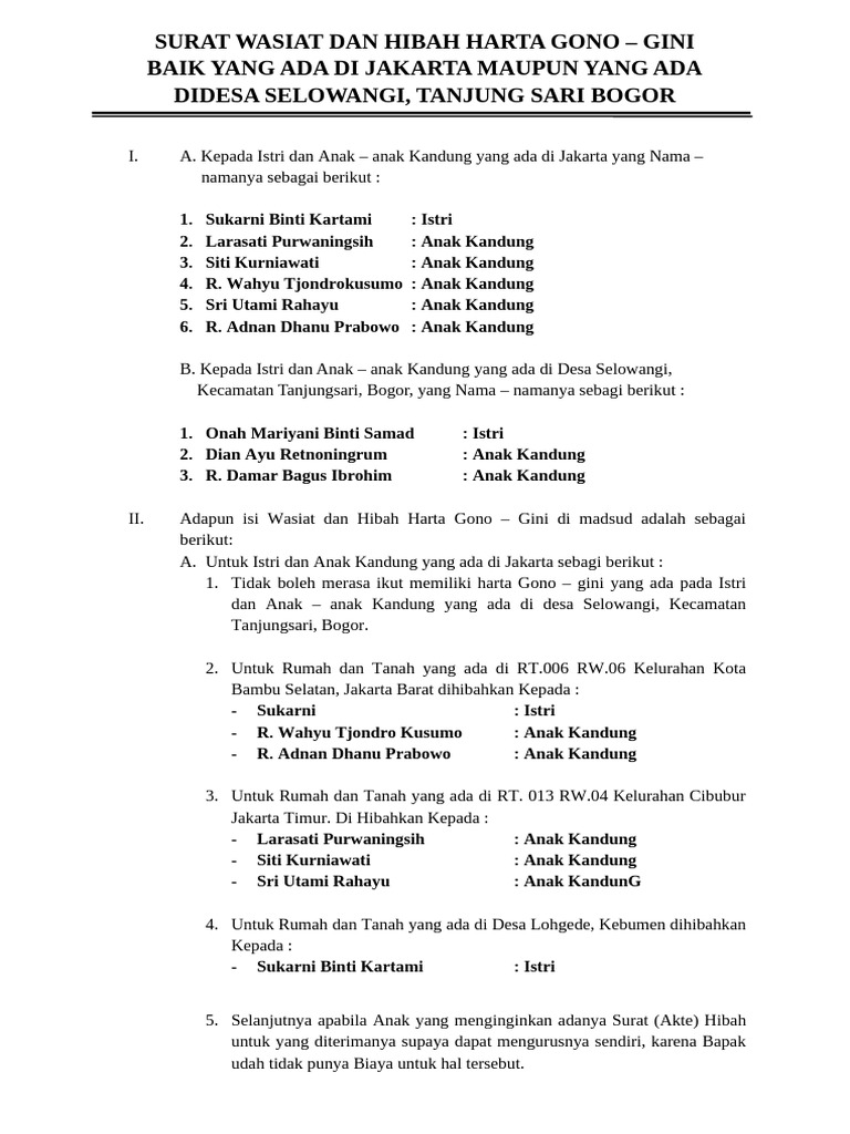 SURAT WASIAT DAN HIBAH HARTA GONO | PDF