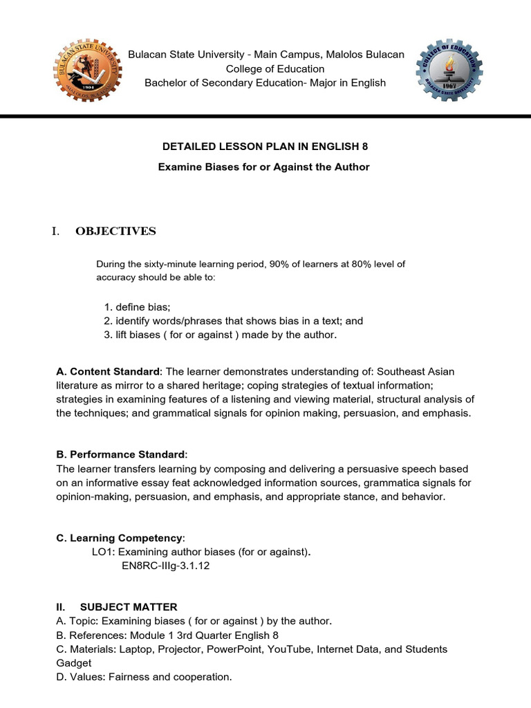 Examining Biases DETAILED LESSON PLAN | PDF | Bias | Teachers