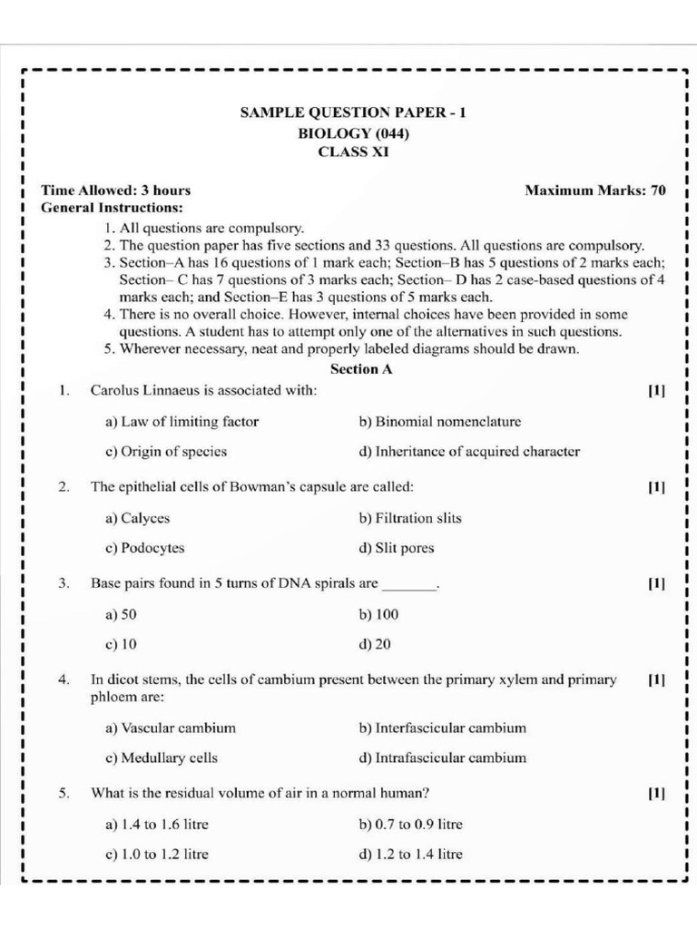 11th Sample Paper Biology | PDF