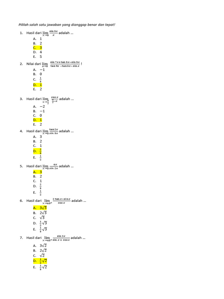 Jawaban Soal Ujian Semester Ganjil Matem Peminatan Kelas Xii Mipa 2024 | PDF
