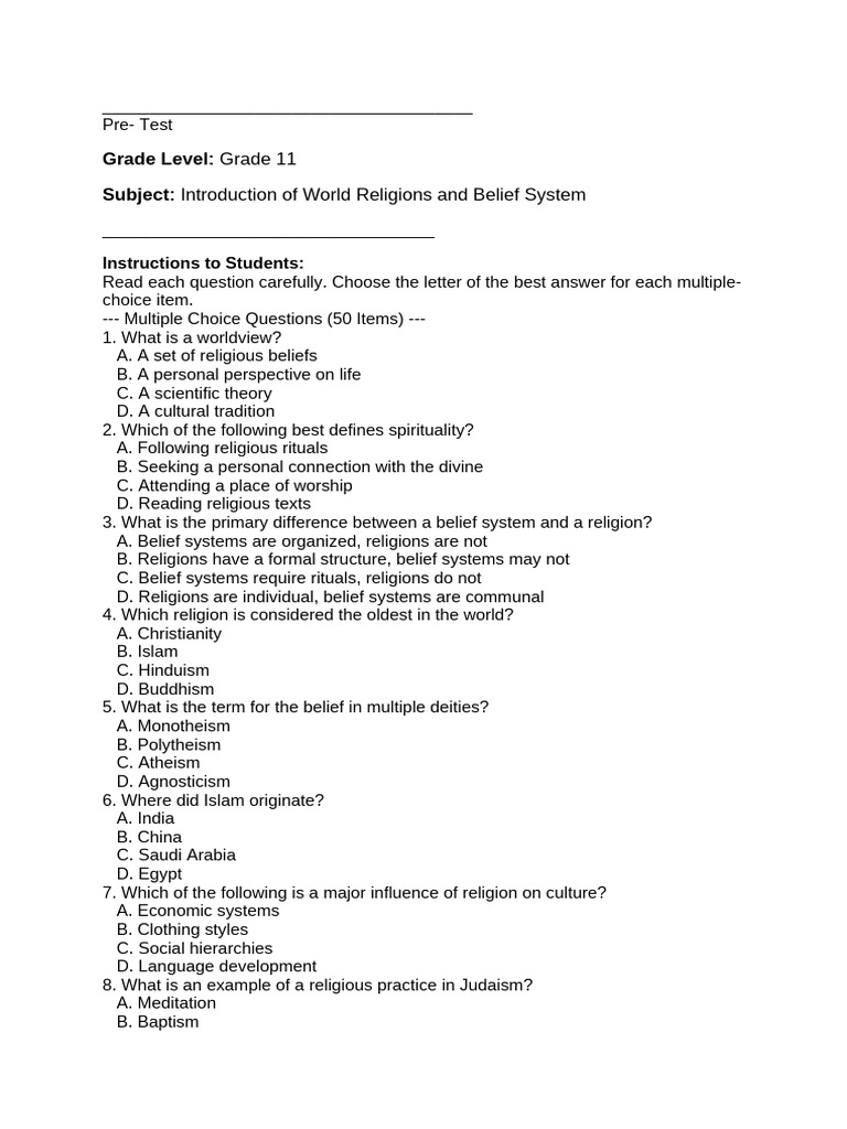 Summative - Test - Introduction of World Religions and Belief System ...