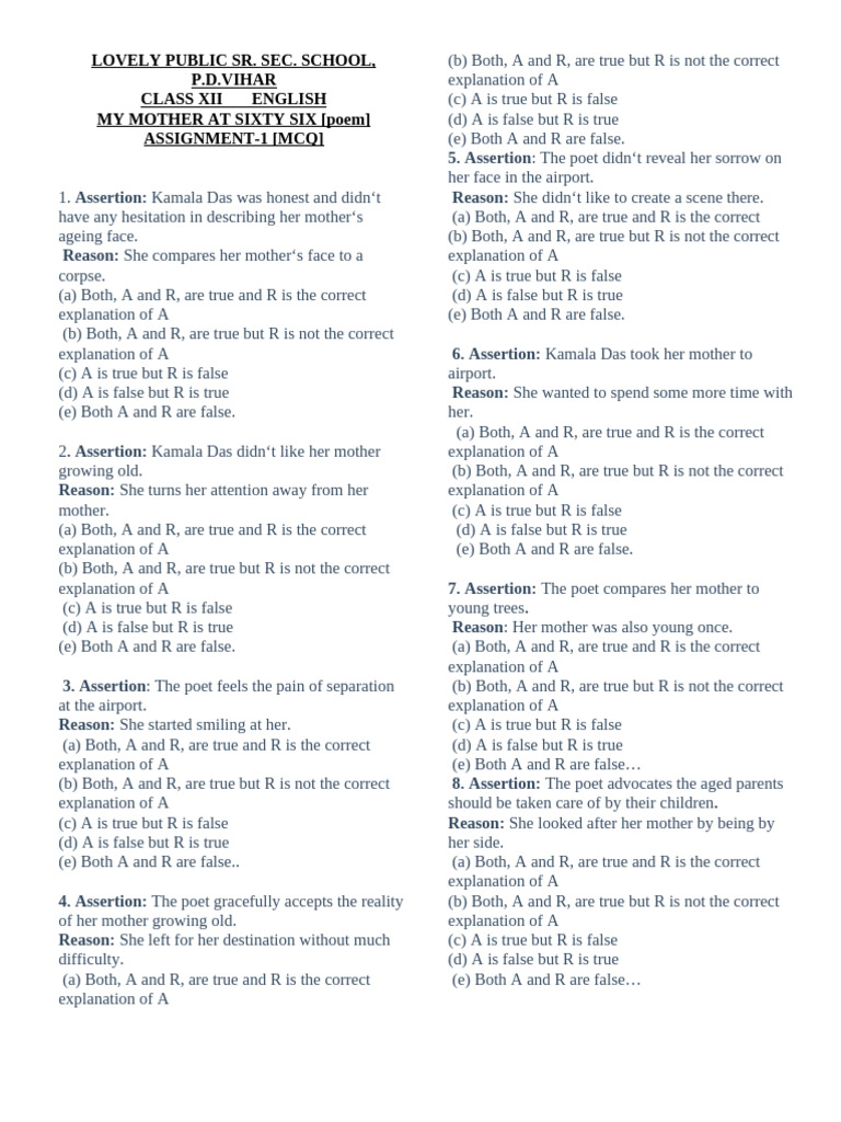 My Mother at Sixty Six: MCQ Assignment | PDF