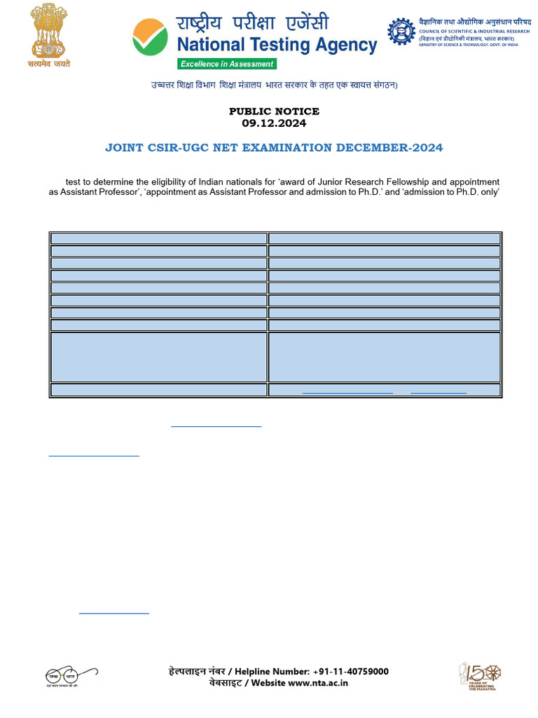 Joint CSIR-UGC NET Dec 2024 Notice | PDF | University And College ...