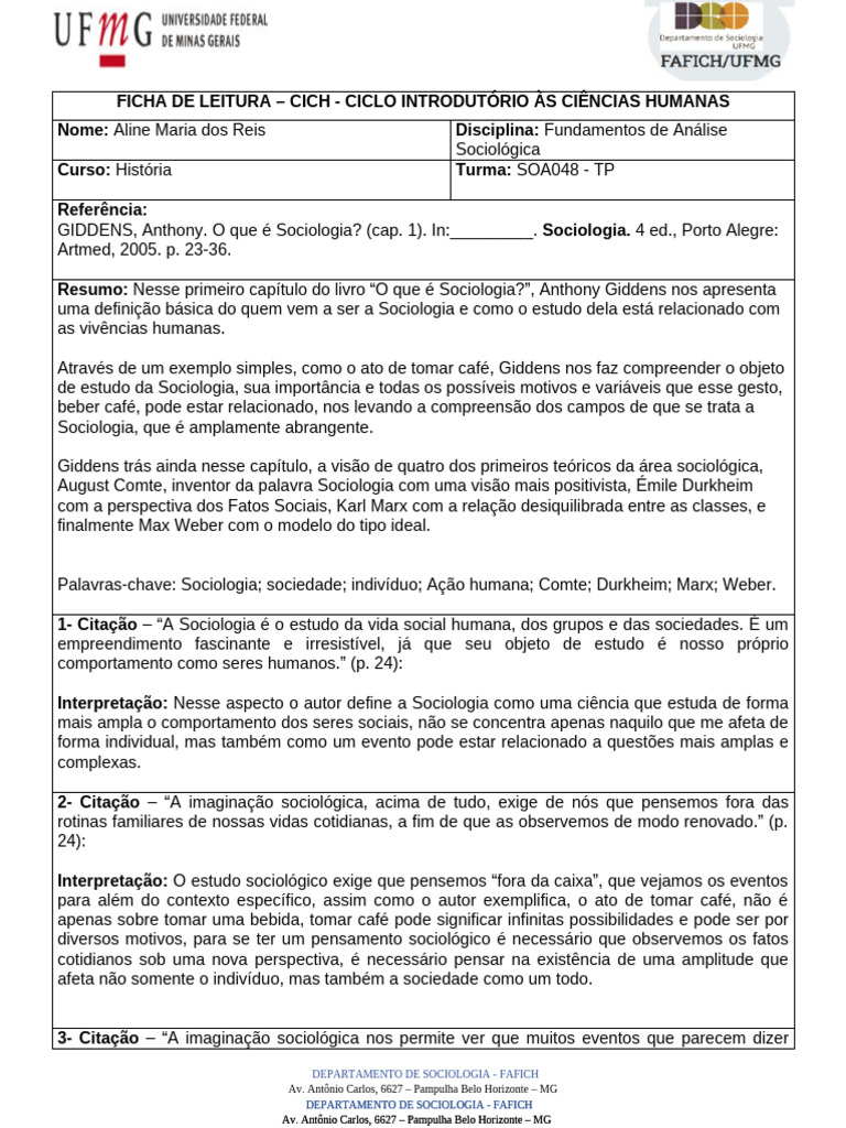 Ficha de Leitura - Texto Giddens - 2023 | PDF | Sociologia | Émile Durkheim