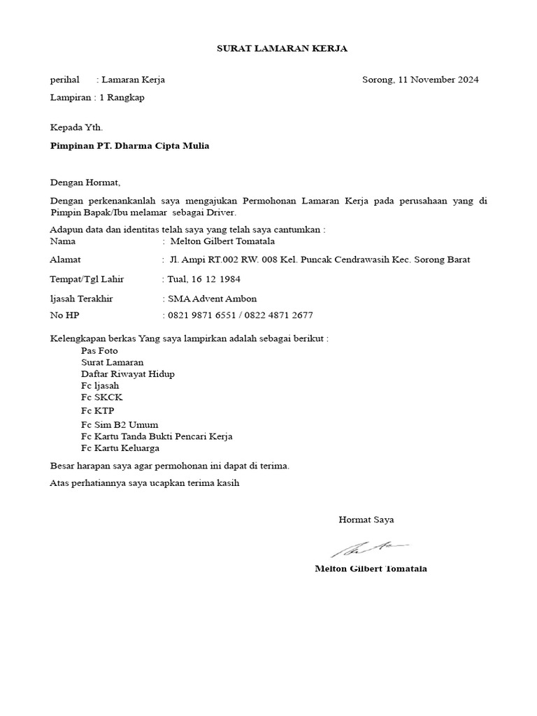 Lamaran Kerja Driver Melton Tomatala | PDF