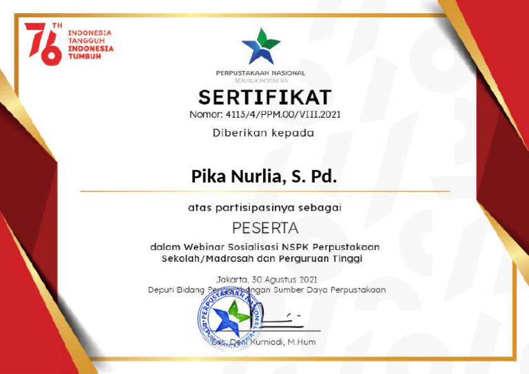 Sertifikat nspk2021 Pika Nurlia | PDF