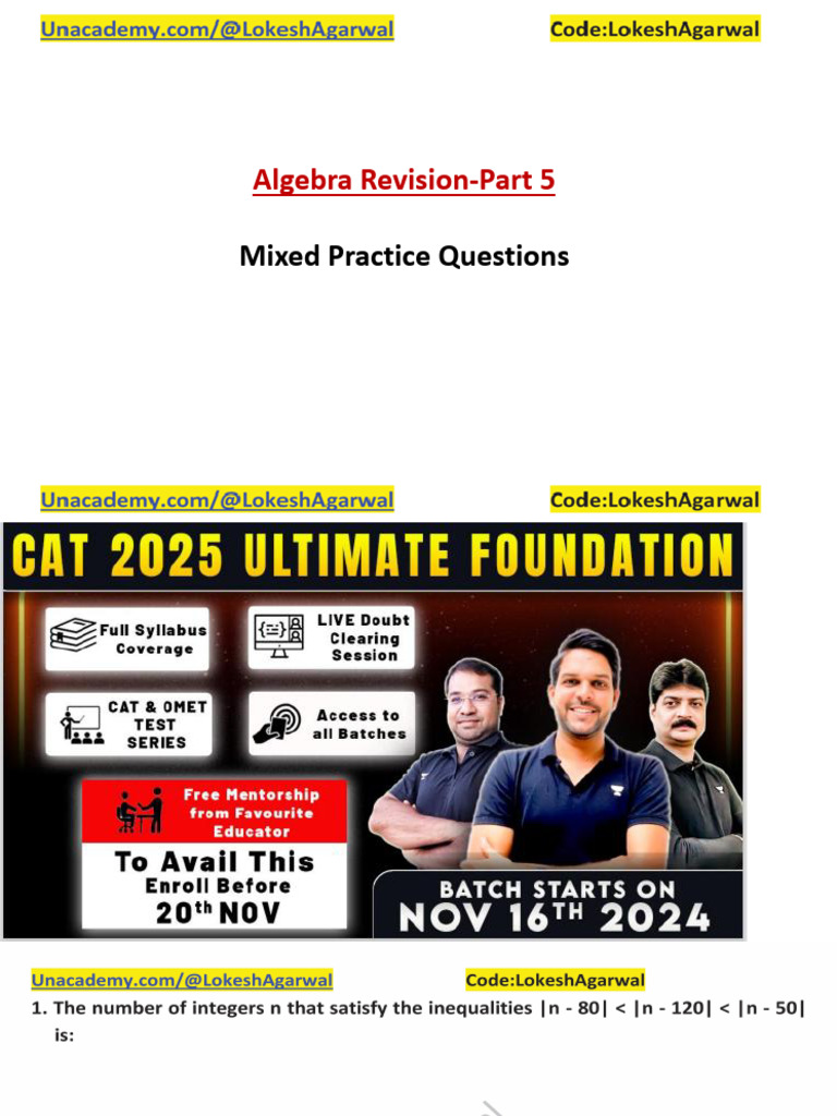 Complete Algebra - Mixed Practice Questions Part - 5 - CAT 2024 Quant | PDF