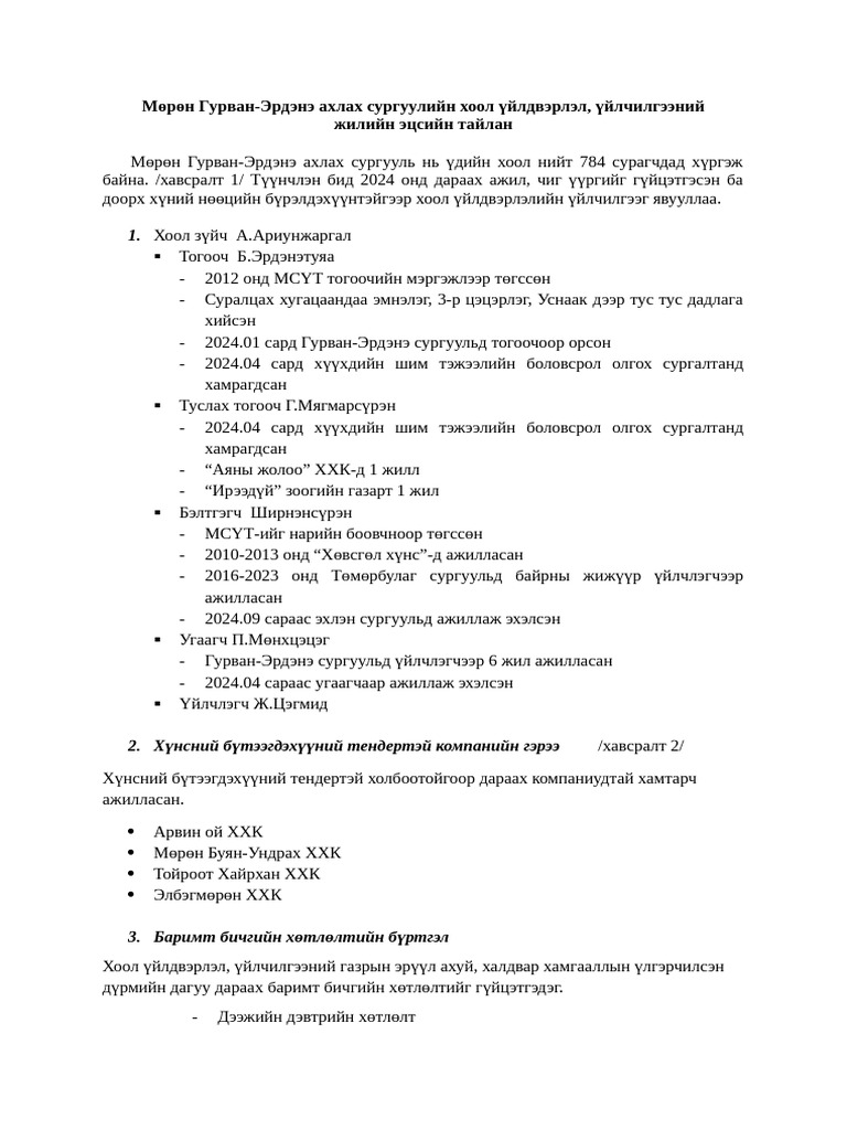 Хоол Үйлдвэрлэл Үйлчилгээний Жилийн Эцсийн Тайлан Pdf