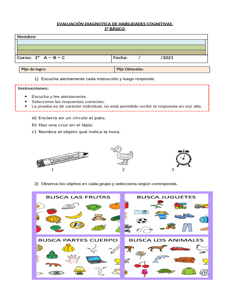 Evaluación Diagnóstica 1° Básico | PDF