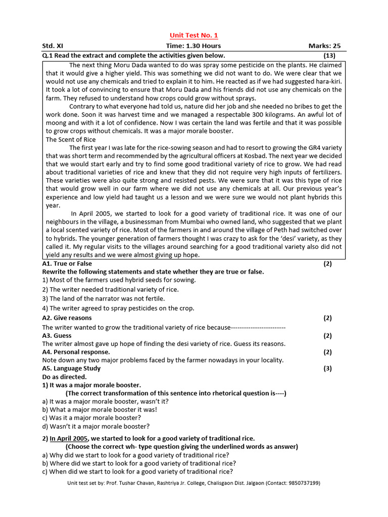 Std. XI English - Unit Test - 1 (1) | PDF | Rice | Agriculture