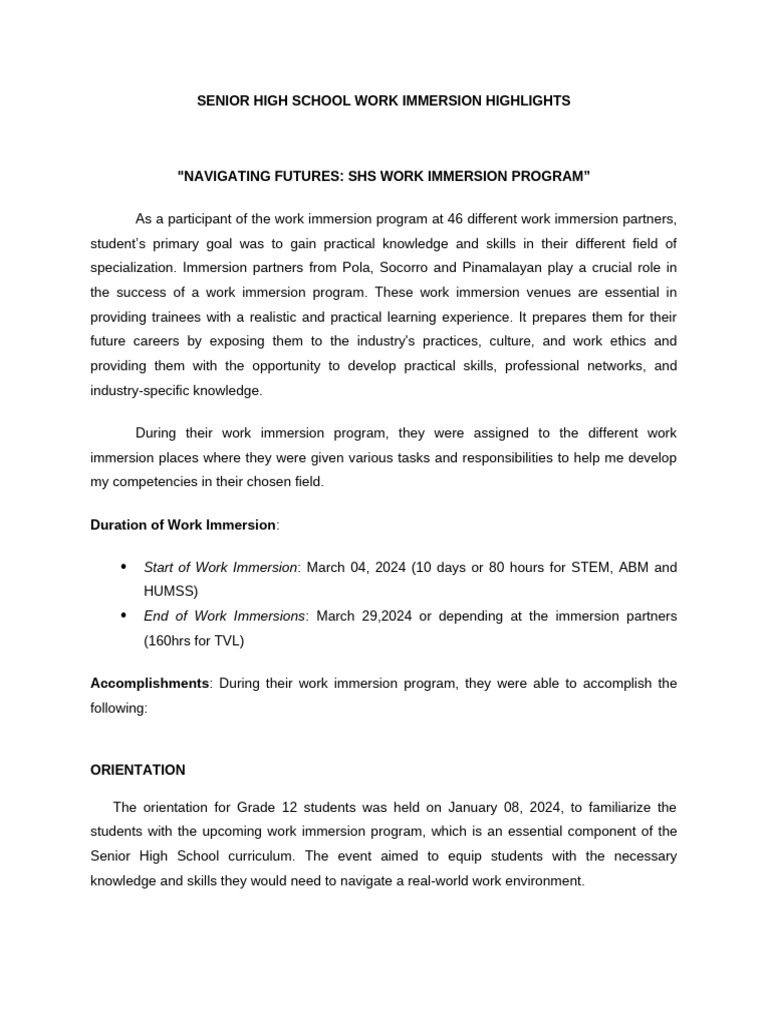 Accomplishment Report (Work Immersion) | PDF | Mentorship | Cognition