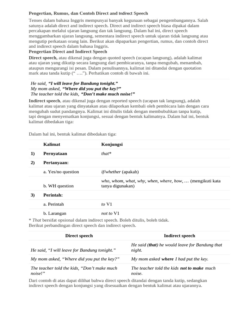 Pengertian dan Contoh Direct Indirect Speech | PDF