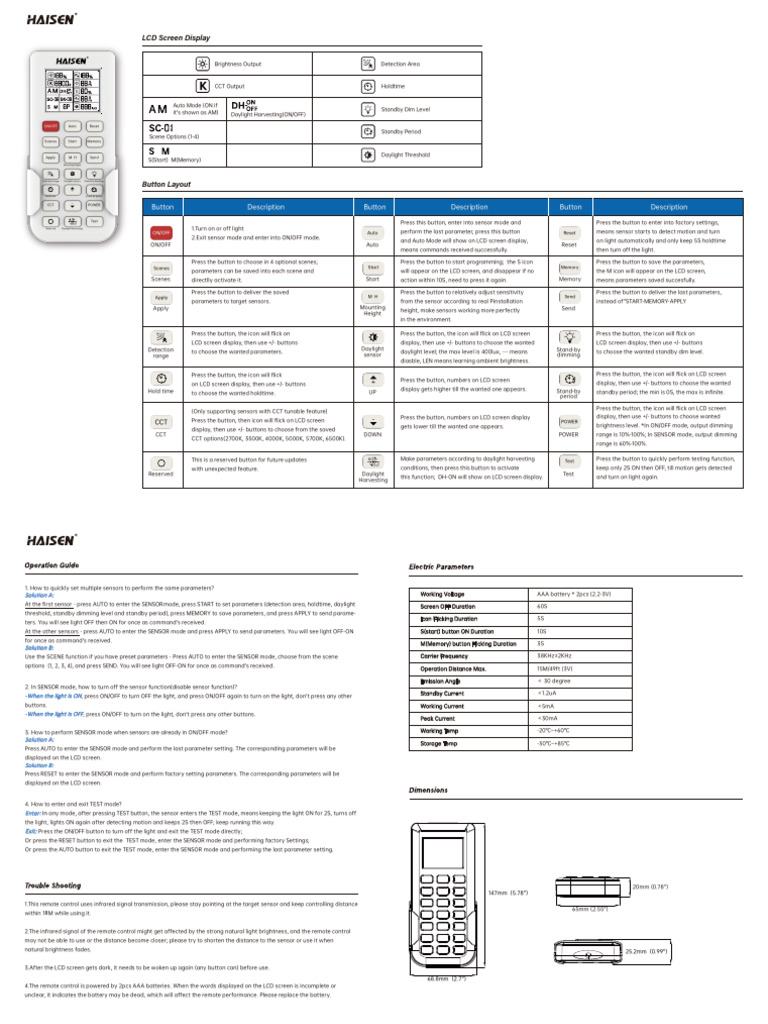 Haisen Remote Control User Guide | PDF | Sensor | Remote Control