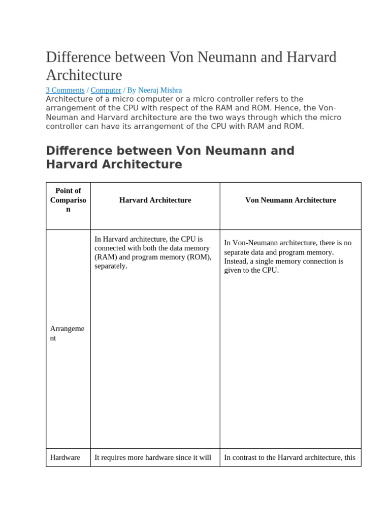 Difference between Von Neumann and Harvard Architecture | PDF