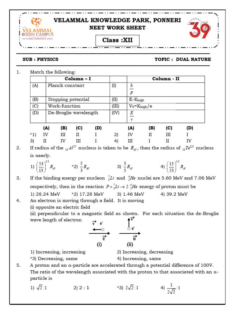 NEET Physics Worksheet on Dual Nature | PDF | Photoelectric Effect ...