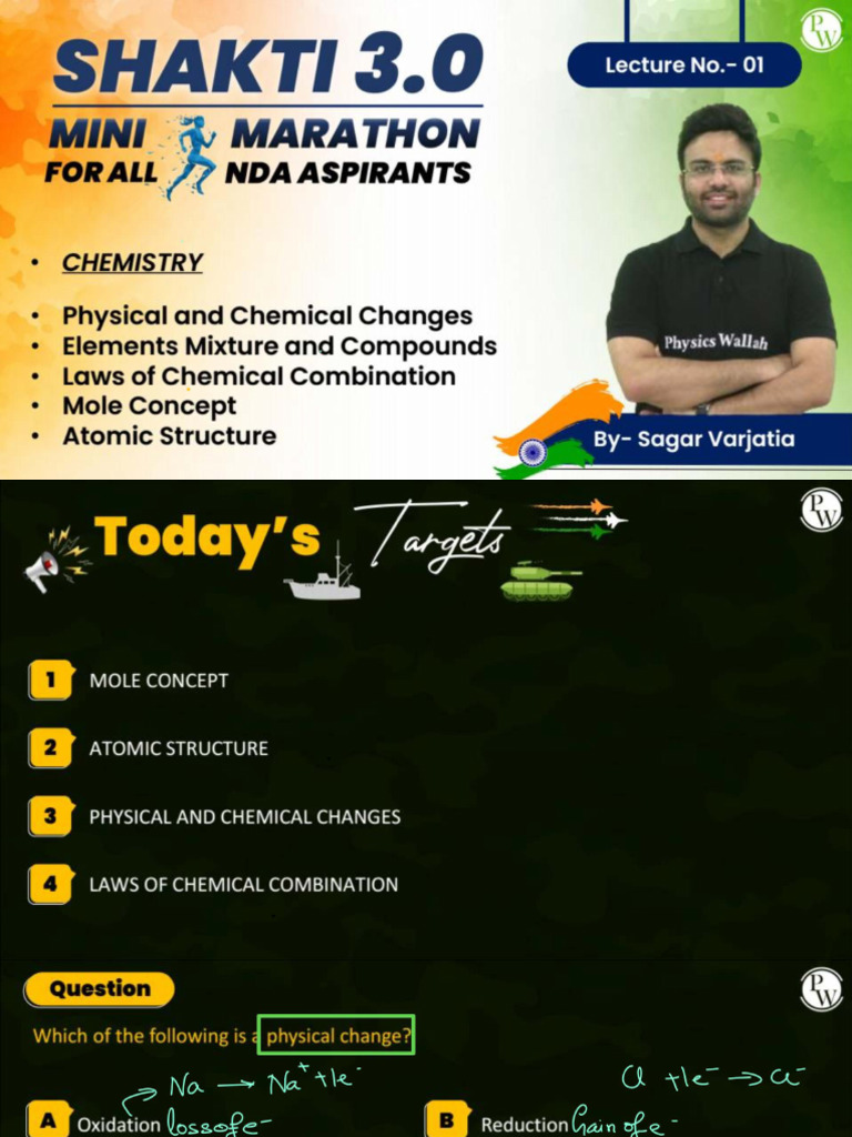 Physical and Chemical Change, Elements Mixture and Compounds, Laws of Chemical Combination, Mole ...