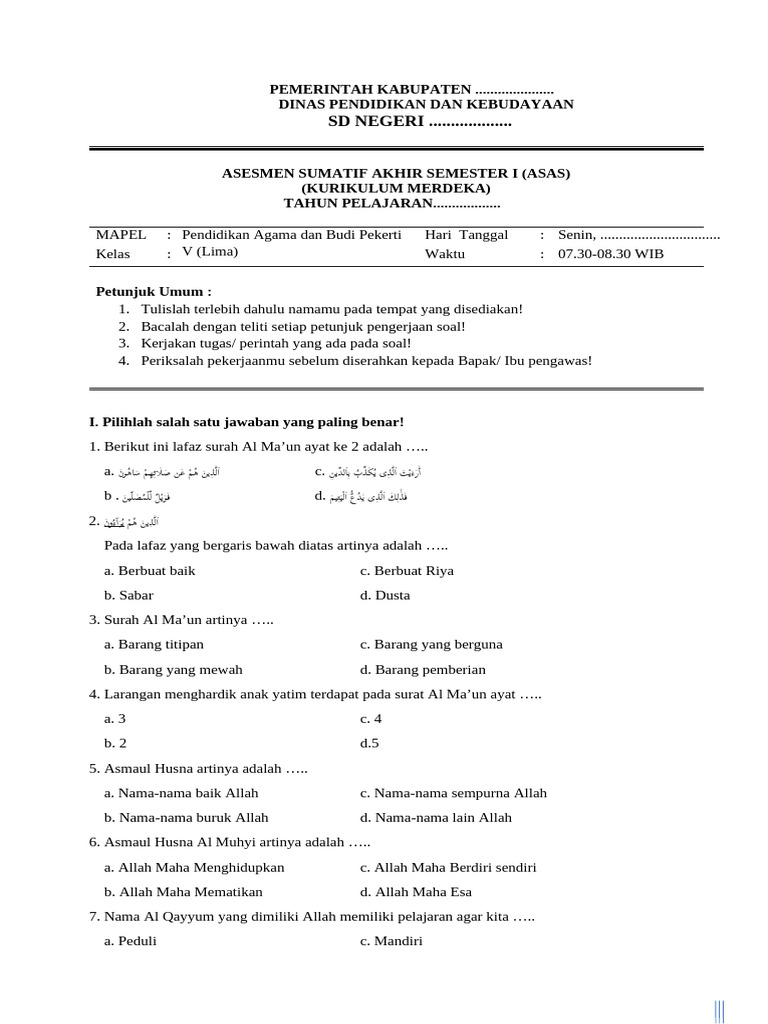 001 Soal Pai Kelas 5 Semester 1 Ok | PDF
