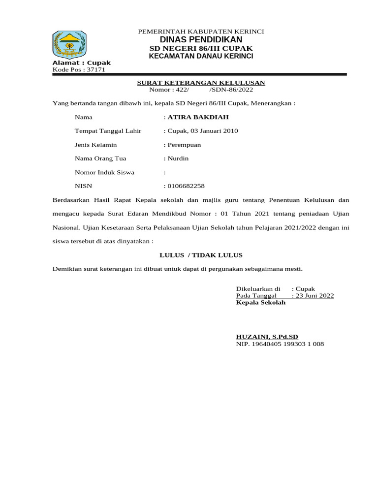 surat ket lulus sd | PDF