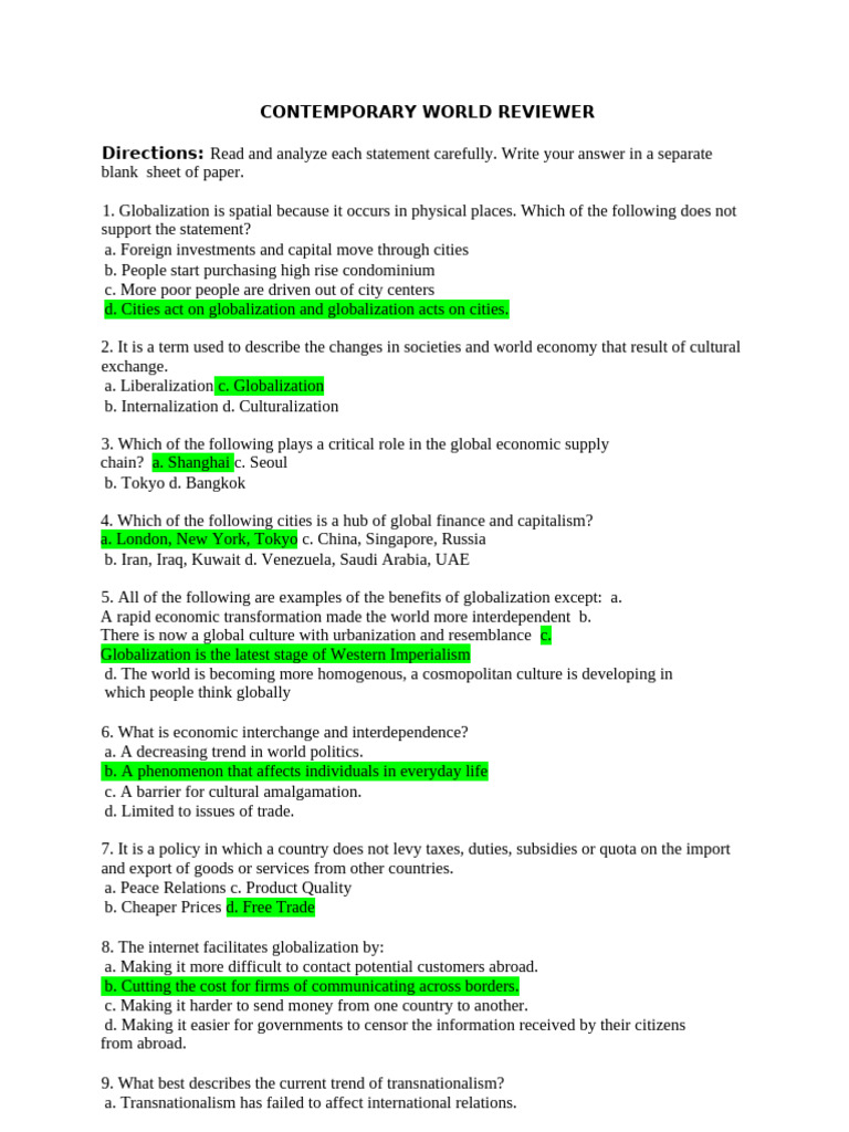 Globalization Concepts and Impacts Quiz | PDF | Globalization | State ...
