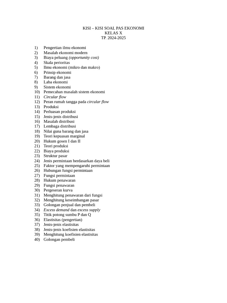 Kisi-Kisi Pas Eko Kelas X | PDF