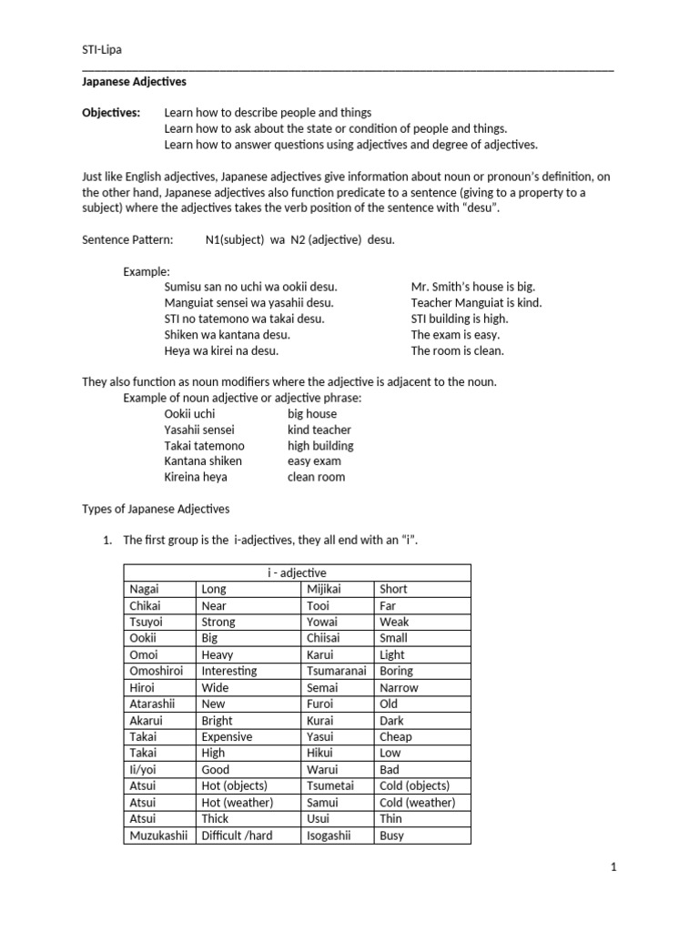 FORLANG_HO1_Japanese_Adjectives(4)(3)(7) | PDF | Japanese Language | Adjective