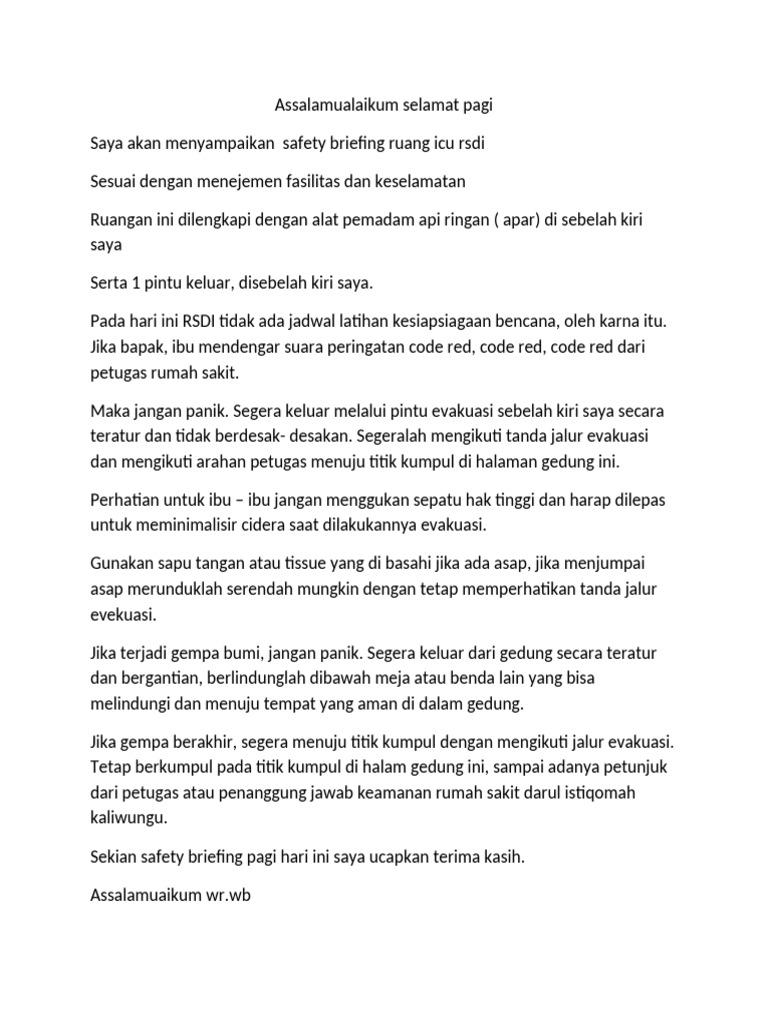 Safety Briefing ICU RSDI: Prosedur Evakuasi | PDF