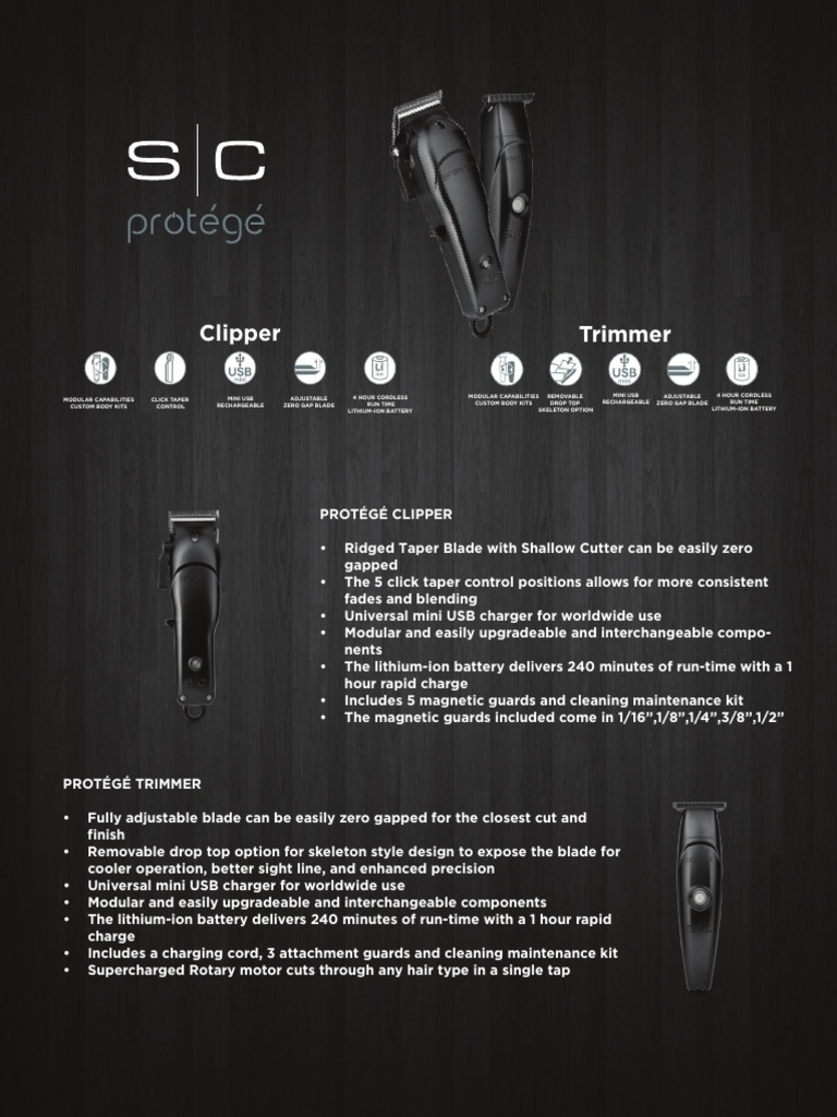 SC Protege clipper trimmer product sheet | PDF | Rechargeable Battery | Battery Charger