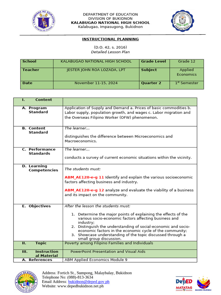 Grade 12 Applied Economics Lesson Plan | PDF | Learning | Teachers