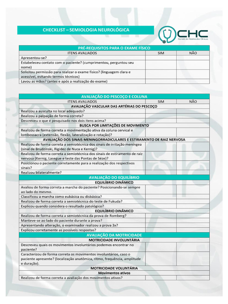 Cópia de Checklist CHC - Neuro | PDF