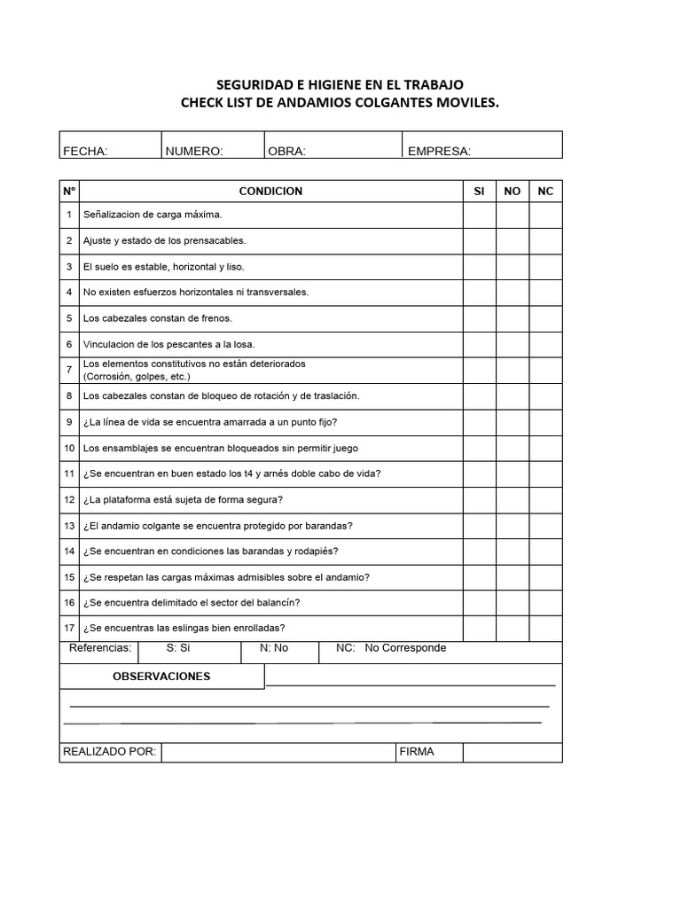 Checklist de Seguridad en Andamios Colgantes | PDF
