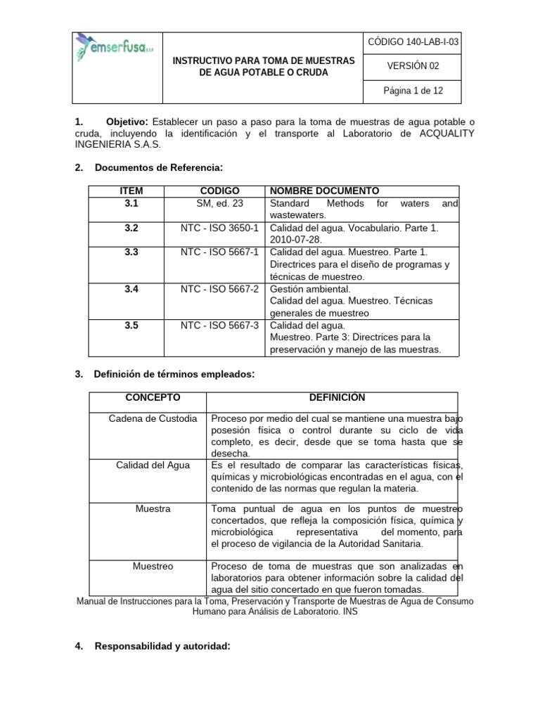 Acq-P-11 Procedimiento Toma de Muestras de Agua | PDF | Agua | Laboratorios