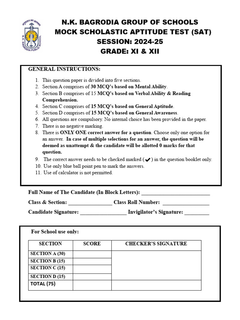 Mock SAT Paper 2024 for Grades XI & XII | PDF | Helen Of Troy ...
