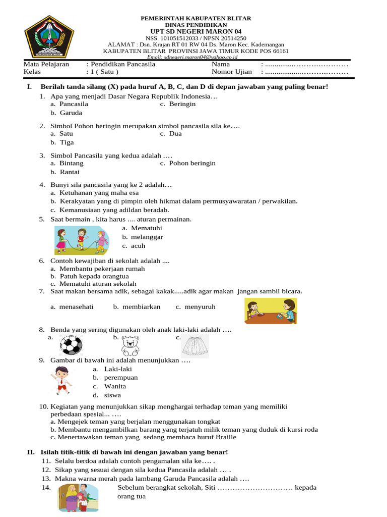 SOAL KELAS 1 Pendidikan Pancasila | PDF