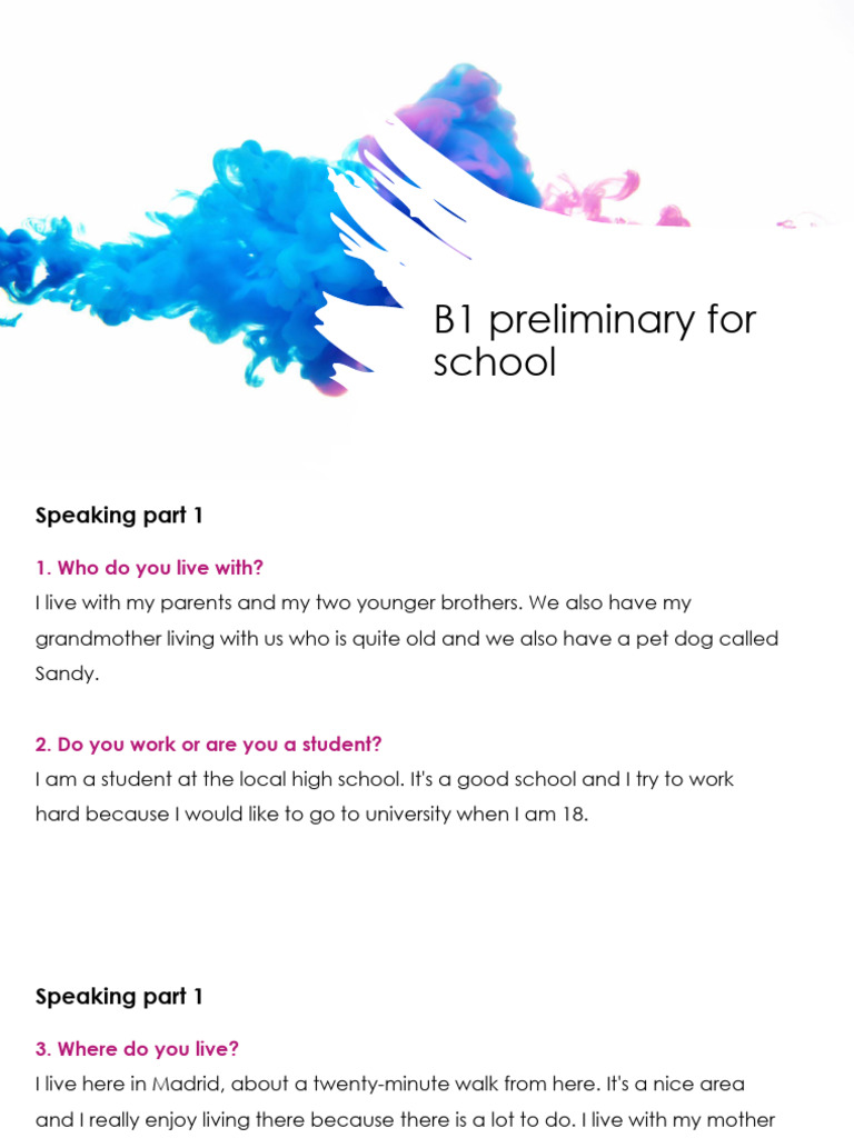 Speaking - B1 Preliminary For School | PDF