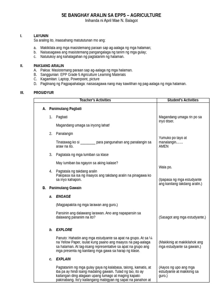 5e Lesson Plan in Epp5-Agriculture | PDF