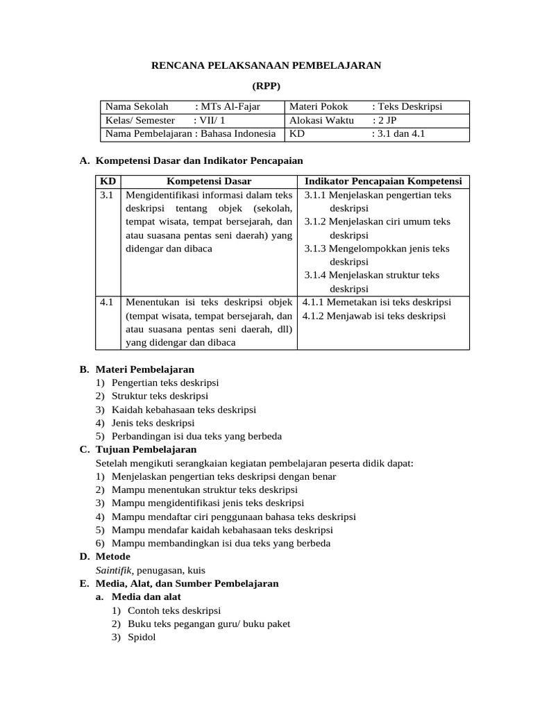 RPP Kelas 7 Teks Deskripsi SM 1 | PDF