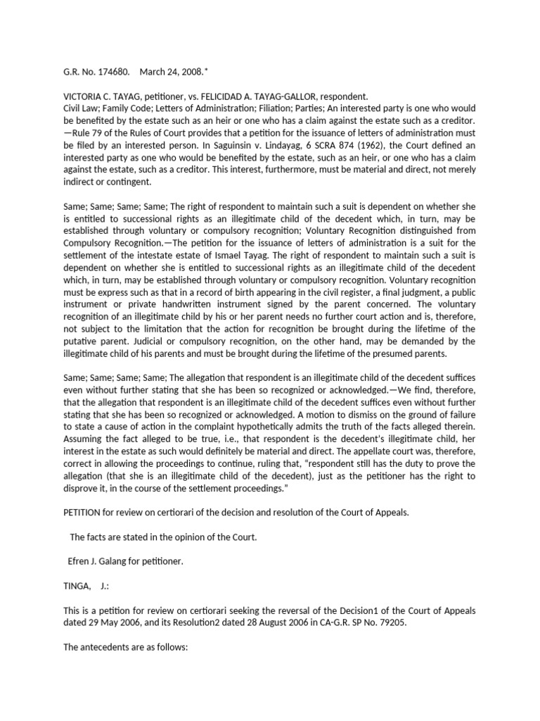 Tayag vs. Tayag-Gallor - Succession Illegitimate 2008 | PDF | Lawsuit ...