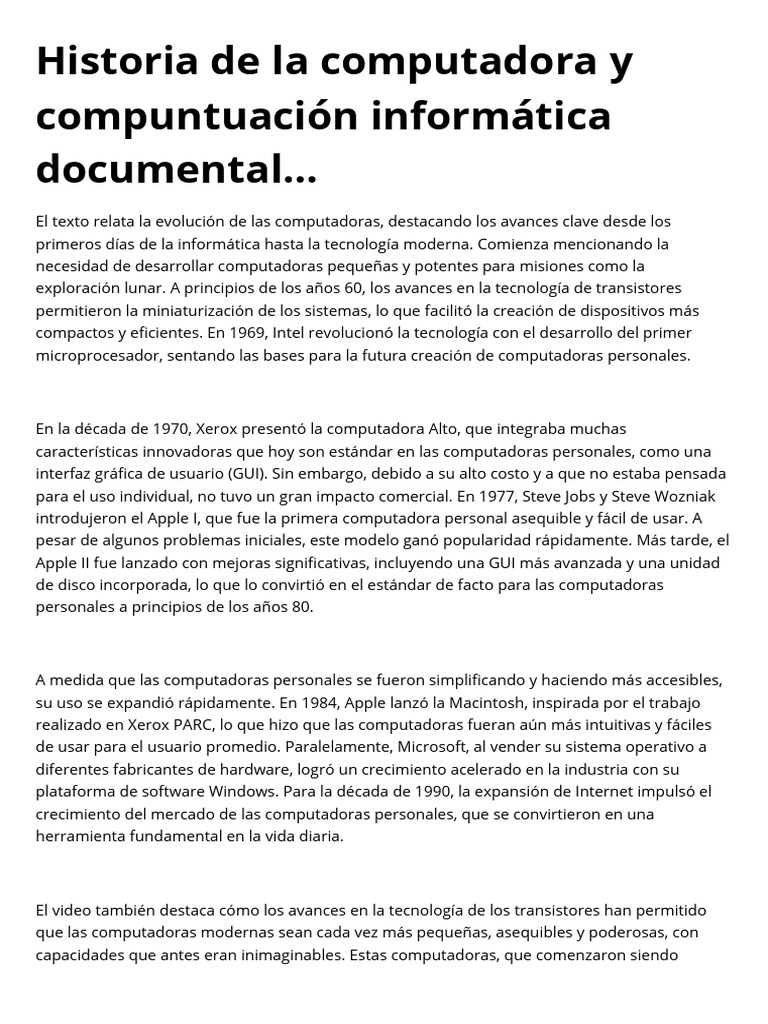 Historia de La Computadora y Compuntuación Informática Documental PDF | PDF | Interfaces ...