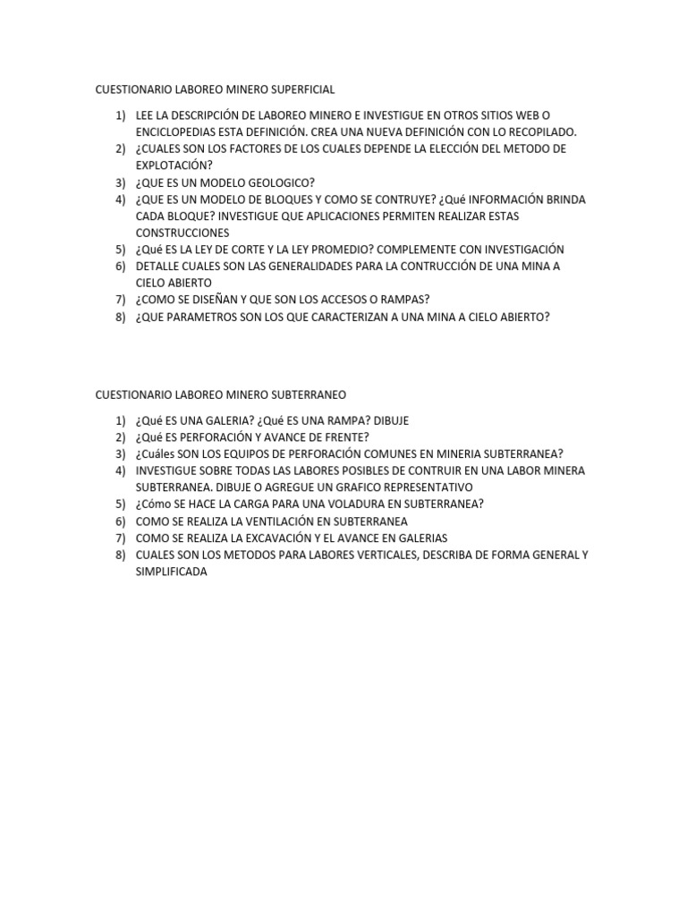 Cuestionario Laboreo Minero Superficial y Subterraneo | PDF