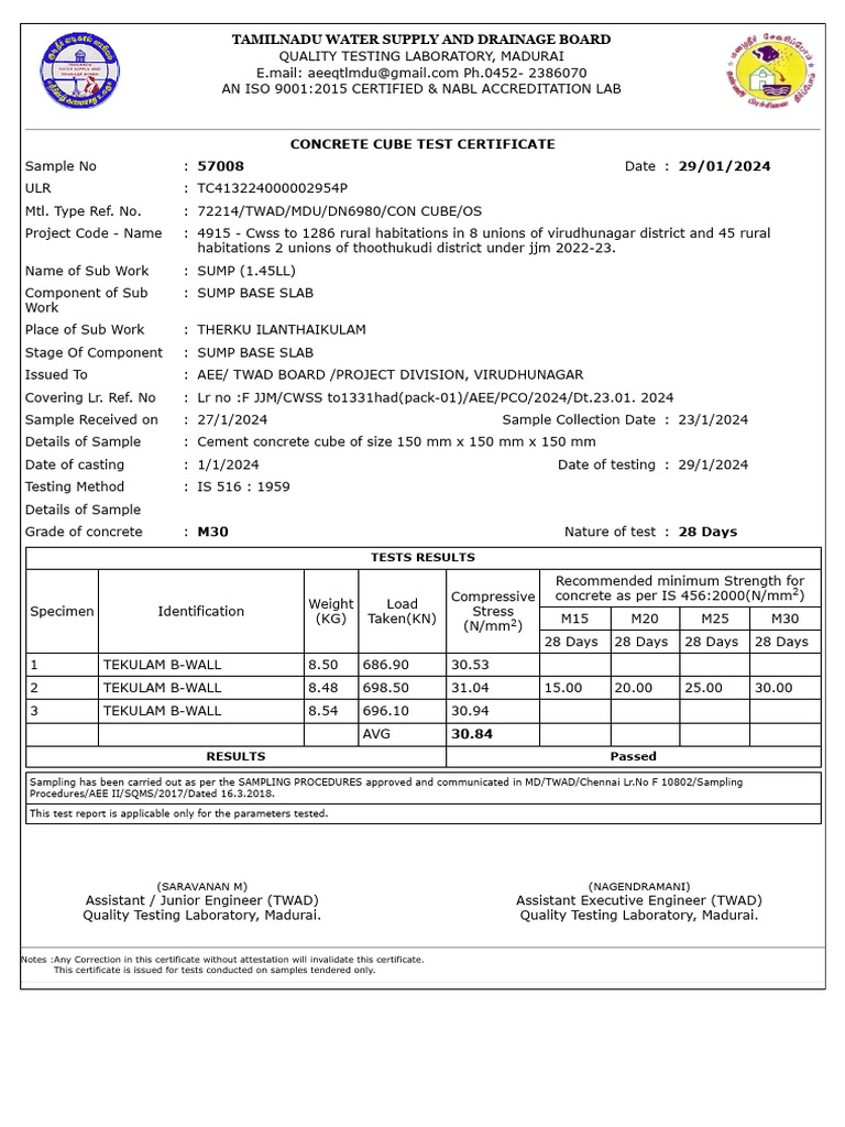 TWAD Concrete Cube Test Certificate | PDF | Concrete | Civil Engineering