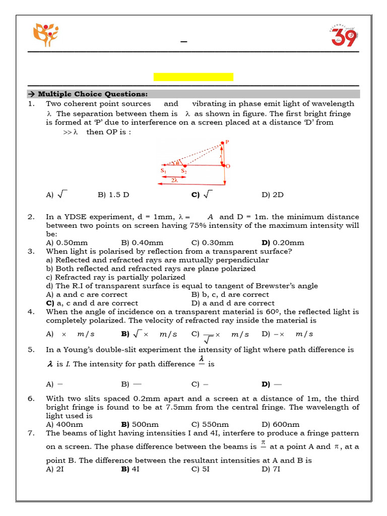 Wave Optics IIT Worksheet | PDF | Diffraction | Polarization (Waves)