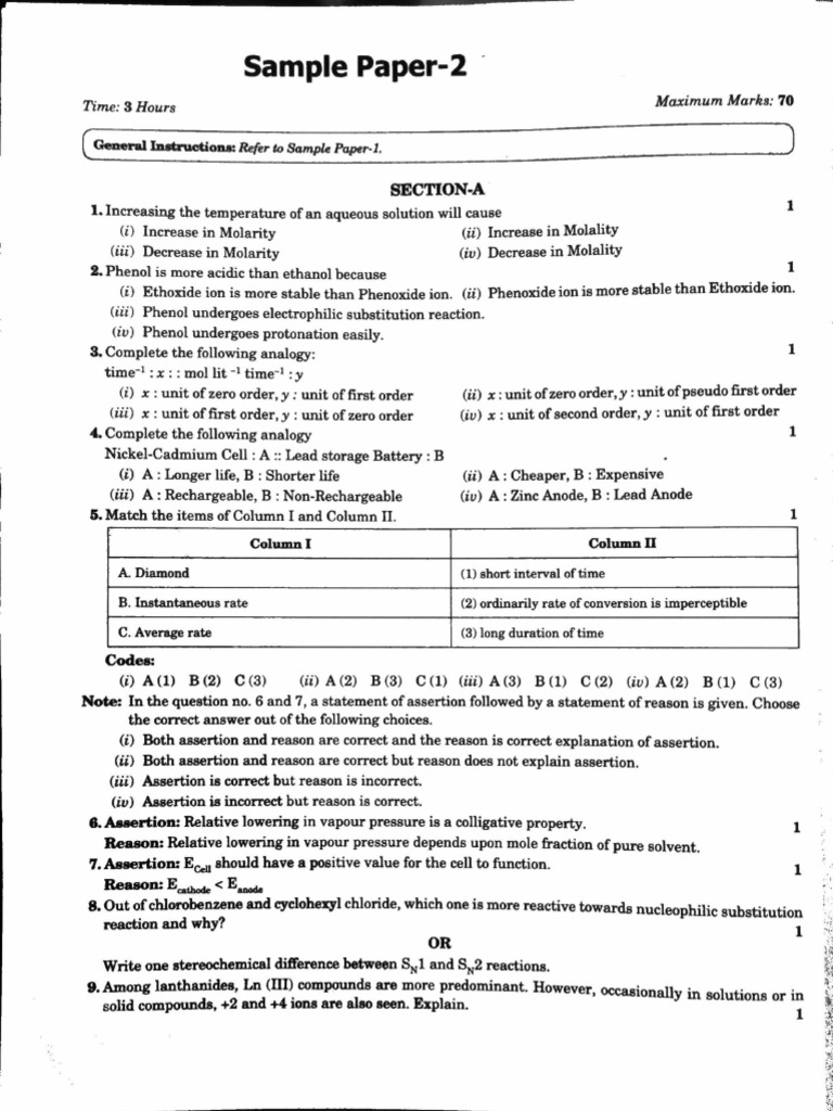 Chemistry Sample Paper Questions | PDF | Chemical Reactions ...